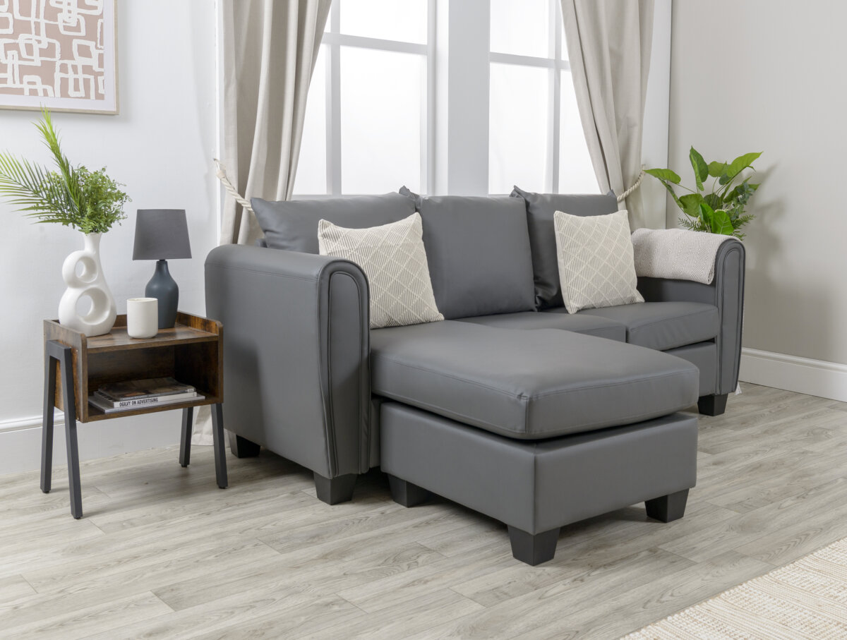 Maddie Corner Sofa – Faux Leather Grey - Pay Weekly Carpets, Beds And Furniture
